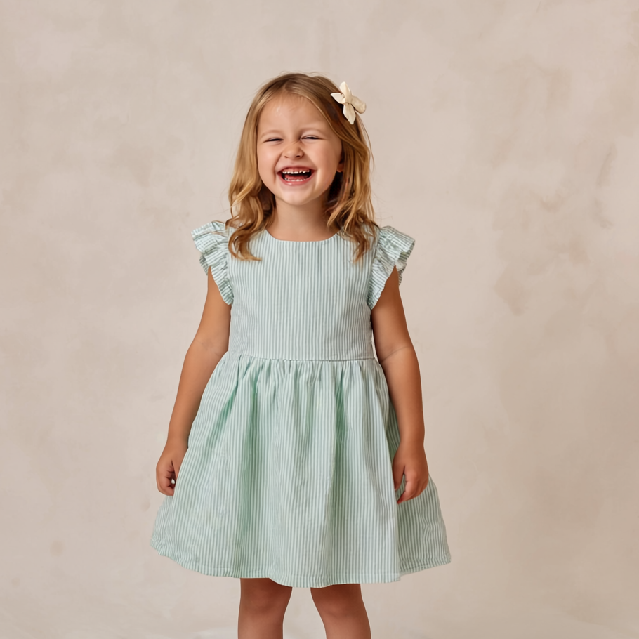 Organic Cotton Flutter Summer Dress- Green Stripes| Makemake Organics